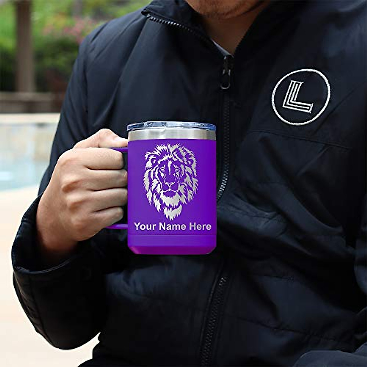 LaserGram 15oz Vacuum Insulated Coffee Mug, Giraffe, Personalized Engraving Included (Dark Purple)