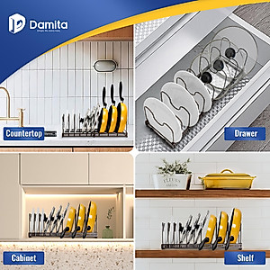 Damita Expandable Pot and Pan Organizer Rack for Cabinet, 2 Pack Pot Lid Holder with 10 Adjustable Compartments - Ideal Kitchen Cabinet Organizer for Cutting Board, Frying Pan, and More (Brown)