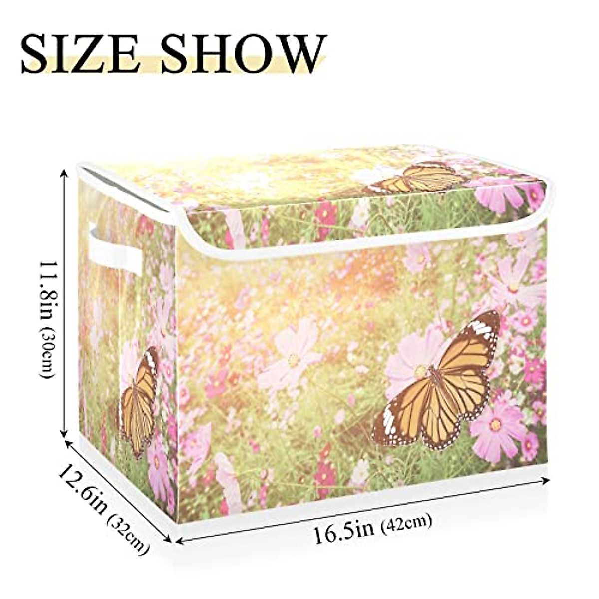 Blueangle Collapsible Storage Boxes 1 Pack, Cosmos Flower Field Butterfly Storage Baskets with Lids and Handle for Home Bedroom Closet Office（78）