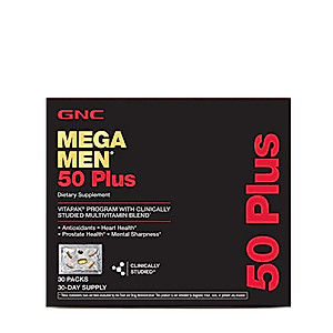 GNC Mega Men 50 Plus Vitapak, 30 Packs, Support Heart and Prostate Health and Promotes Mental Sharpness