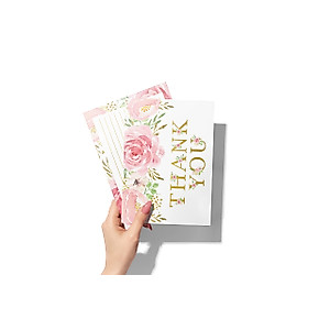 Pink and Gold Floral Thank You Cards, Great for Baby Wedding Bridal Shower, Birthday, Baptism, Any Occasion, 50 Thank You Cards and Envelopes