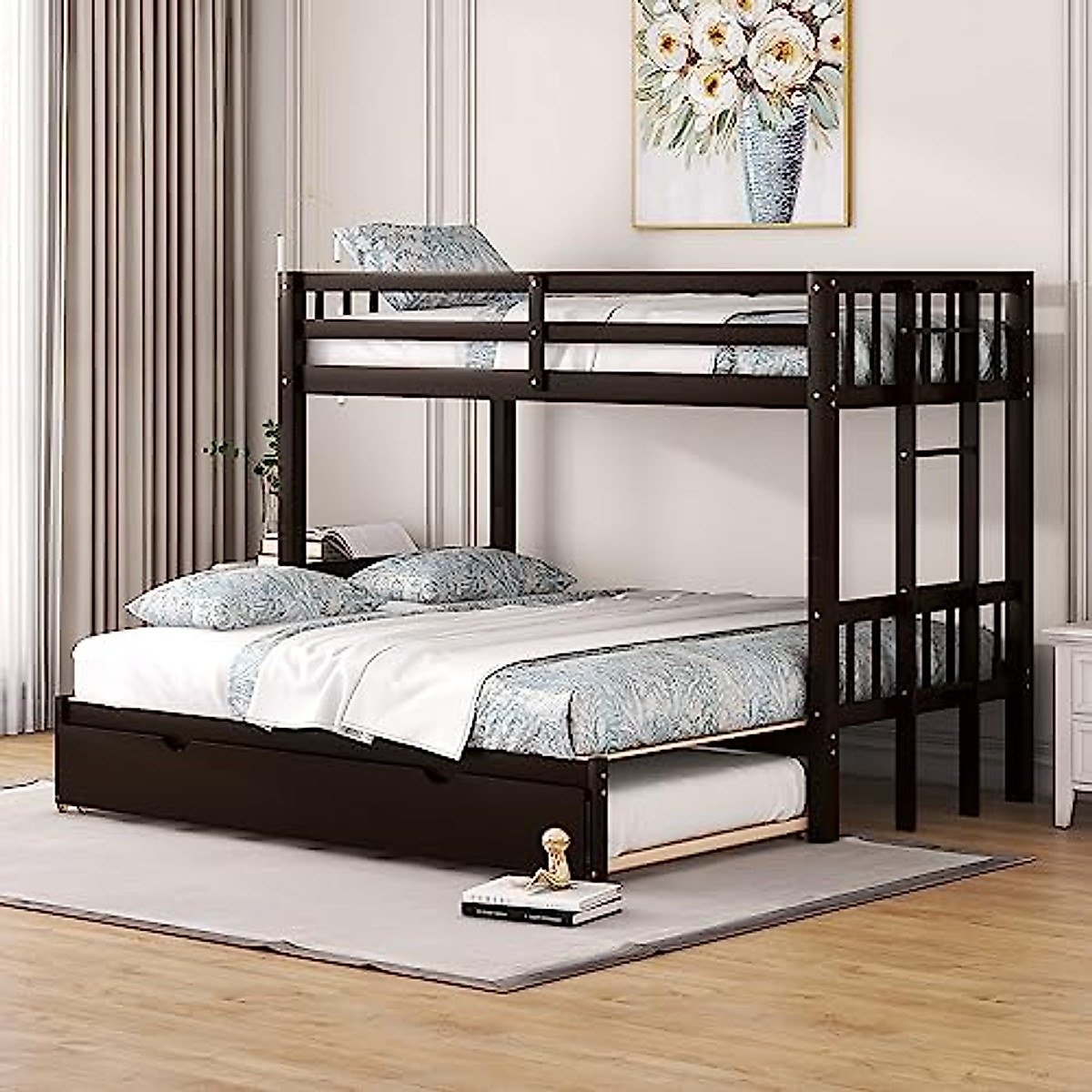Extendable Bunk Bed with Trundle, Twin Over Double Twin Bunk Bed Frame, Upgraded Version Wooden Bunk Bed with Trundle, Pull-Out Bunk Bed Frame Can Be Extendable, No Spring Box Needed, Espresso