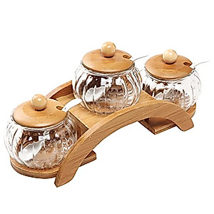 MyGift Clear Glass Spice Jars Condiment Pot with Bamboo Lids, Ceramic Spoons and Tiered Serving Tray, 10 Piece Set
