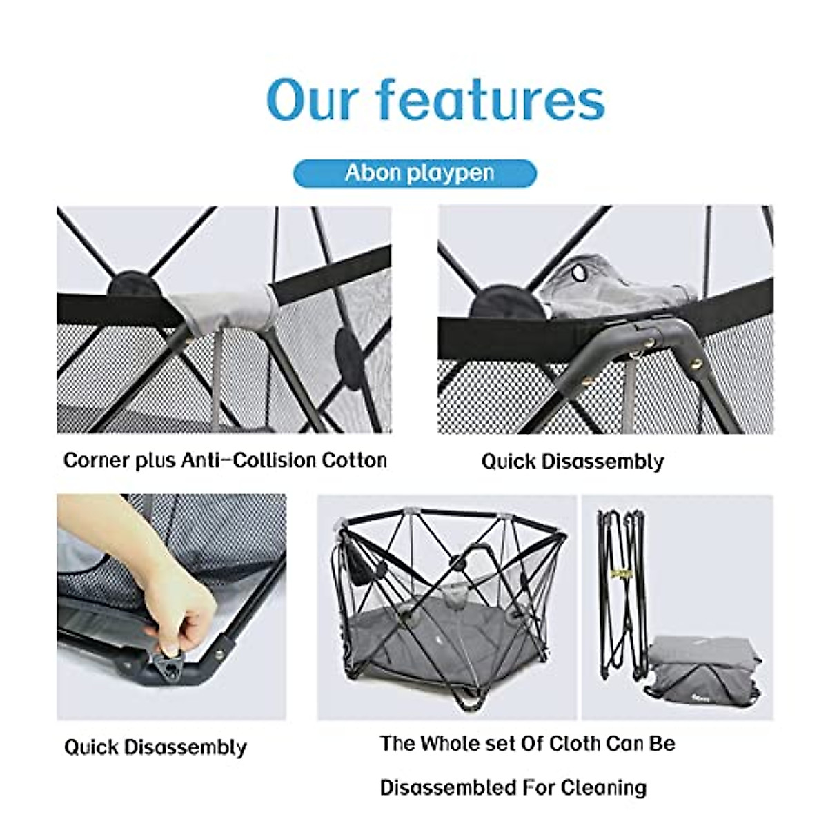 Abon Babies 6 Panel Play Pen Playard for Infants Portable Indoor and Out Door Washable Easy Assemble Play Activity Area with Mat and Carrying Bag for 1-6 Age 53" Wx 30" H(Grey