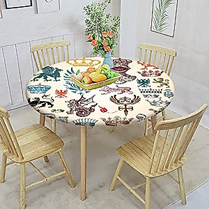 Medieval Round Fitted Tablecloth Cover,Renaissance Icons Retro Style Baroque Elastic Edged Polyester Fitted Table Cover, XXLarge, Fit Round Tables up 65"-71" Diameter, for Outdoor Indoor Use