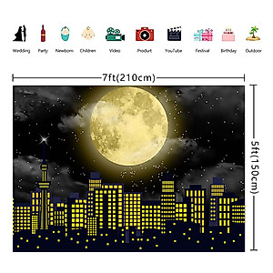 Super City Superhero Backdrop for Photography 7x5FT Yellow Full Moon Skyline Cityscape Theme Photo Background Baby Shower Boys Birthday Party Cake Table Decoration Banner Props (84x60 inch)