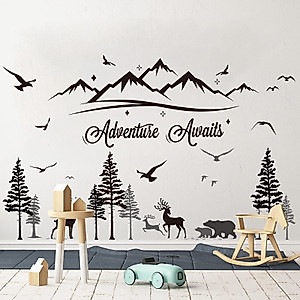 Adventure Awaits Wall Stickers Decals Removable Travel Inspirational Quotes Wall Decals Forest Pine Tree with Bear Home Decor Sticker for Living Room Bedroom Nursery Room Home Decor