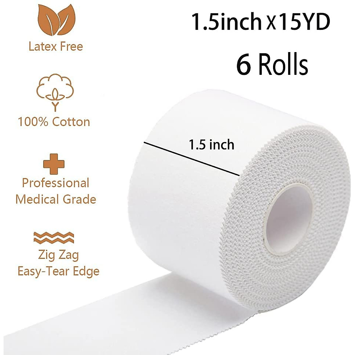 White Athletic Sports Tape 45ft-Very Strong Easy Tear NO Sticky Residue for Athlete & Medical Trainers & First Aid Injury Wrap,Perfect for Fingers Ankles Wrist on Bat, Hockey Stick (6 Rolls)