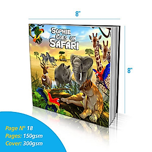 Personalized Story Book by Dinkleboo - Goes On Safari - Teaches Your Child All About Safari Animals - for Children Aged 0 to 8 Years Old - Soft Cover - Smooth, Glossy Finish (8"x 8")
