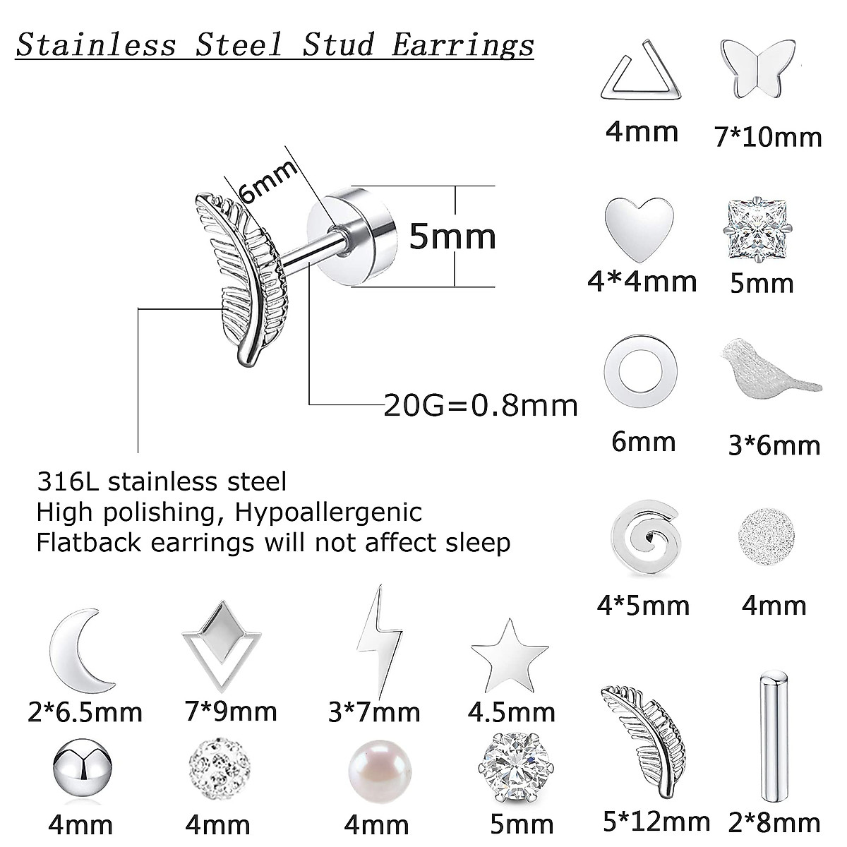 MJust 18 Pairs Stainless Steel Earring Set For Women Men 20G Cartilage Star Moon Triangle Circle Bar Heart Screwback Barbell Geometric Flatback Earrings Set Jewelry (Silver)