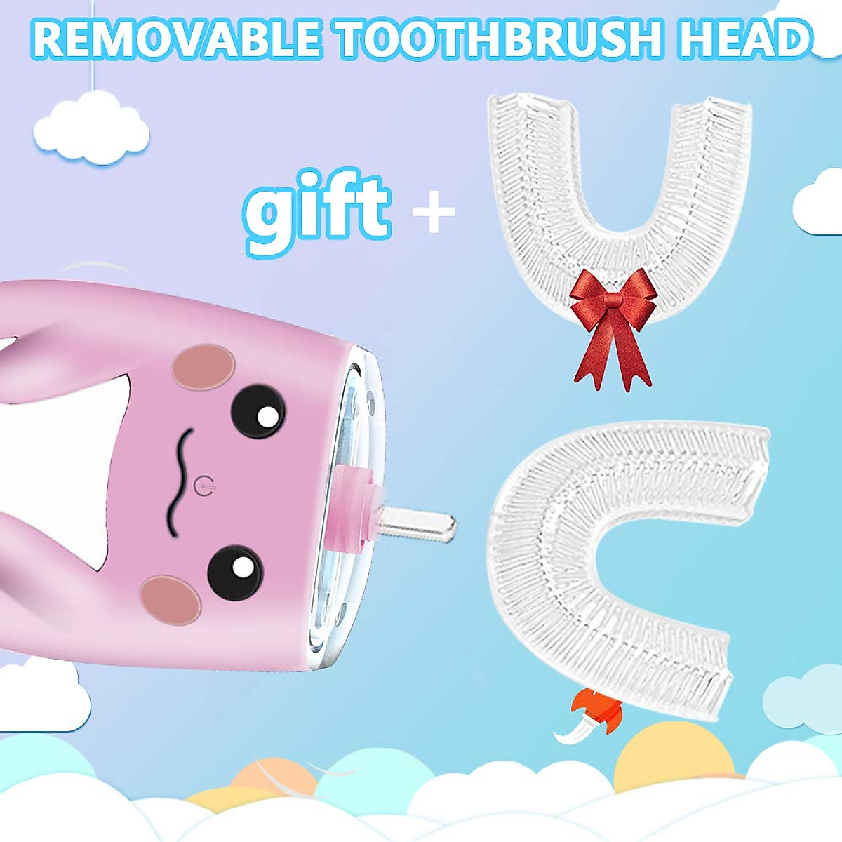 Kids U Shape Electric Toothbrushes Ultrasonic Whole Mouth Auto Toothbrush with 6 Cleaning Modes 2 Brush Heads Brushing Timer Lights IPX7 Waterproof Rechargeable Cartoon Design for Ages 2-6