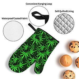 Oven Mitts and Pot Holders Sets Weed Leaf Print Oven Gloves Heat Resistant Potholders 4 Pcs Set Washable Non-Slip BBQ Gloves with Hanging Loop for Women Men Kitchen Baking Cooking Grilling