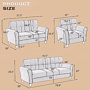 Harper & Bright Designs 3-Piece Living Room Sectional Sofa Set, Modern Style Linen Upholstered Armchair Loveseat Sofa and 3-Seat Sofa Set Sectional Couch, Light Grey-Blue