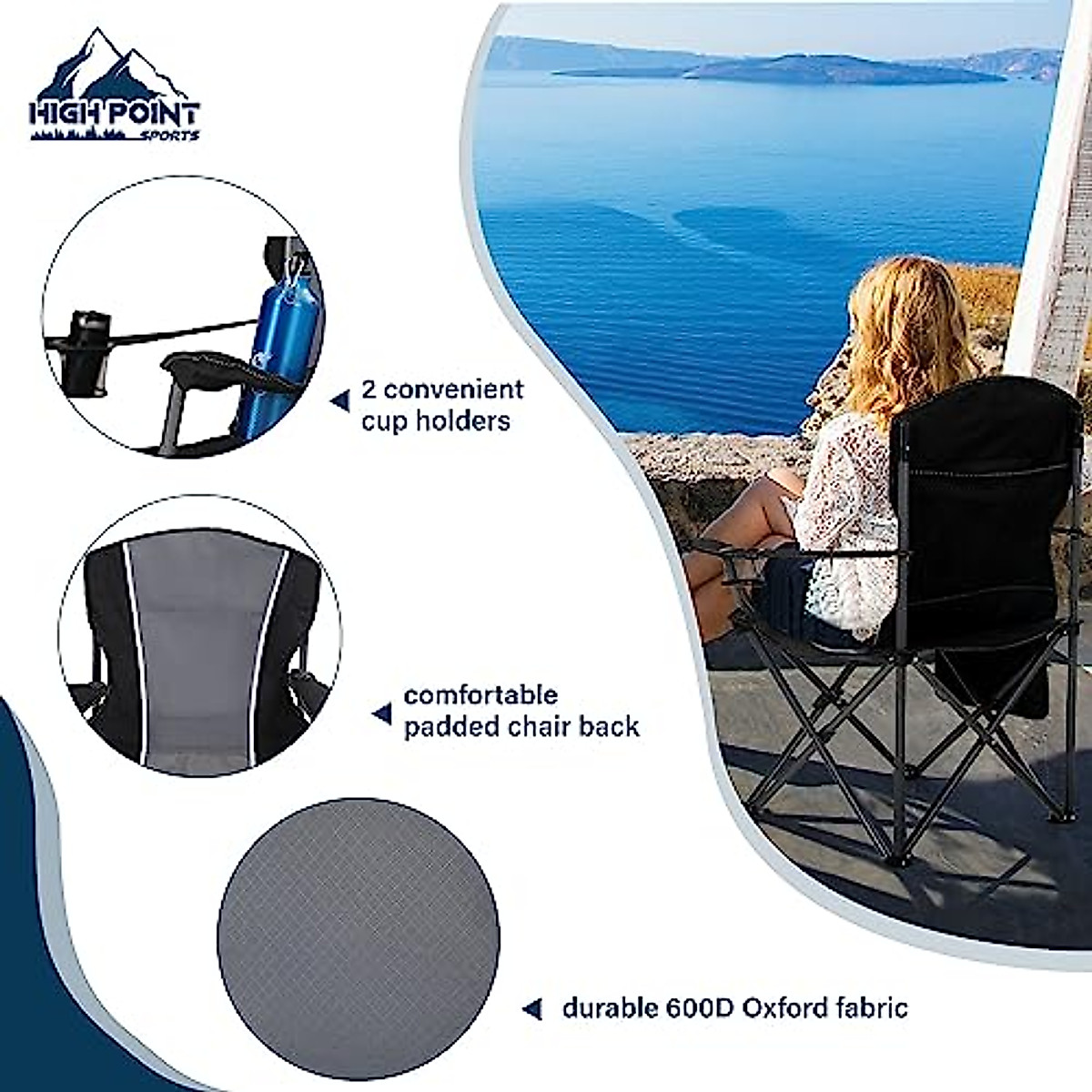 HIGH POINT SPORTS Oversized Camping Folding Chair, Heavy Duty Outdoor Chair with Armrest, Portable Lawn Chair with Cup Holder for Adults Support 350 LBS, Gray-Black