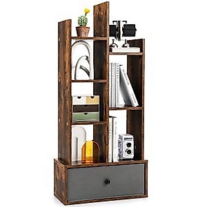 LOKO Rustic Bookshelf with Drawer, Industrial 3 Shelf Bookcase with Anti-toppling Device and 7 Open Compartments, Freestanding Vintage Wooden Book Shelf for Bedroom, Living Room (Rustic Brown)