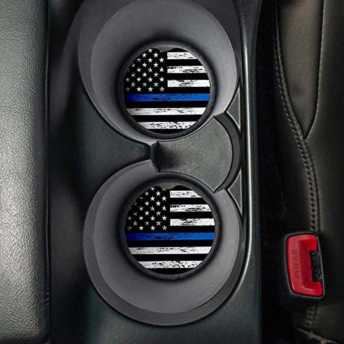 Thin Blue Line | Car Coasters for drinks Set of 2 | Perfect Car Accessories with absorbent coasters. Car Coaster measures 2.56 inches with rubber backing.