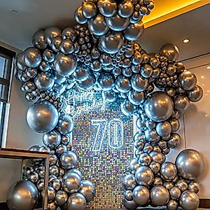 DKCPISCO Silver Metallic Chrome Latex Balloon Arch Kit, 100PCS 18In 12In 10In 5In Arch Garland For Engagement,Picnic,Wedding, Silver Theme Anniversary Celebration Decoration With 33FT Ribbon
