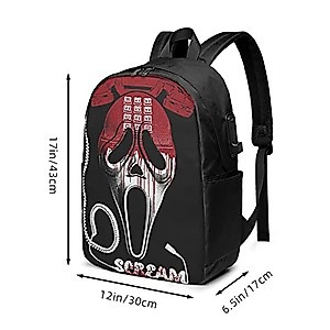 Halloween Horror Movie Ghost-Face Laptop Backpack with USB Charging Port, 17 Inch, Unisex, Adjustable Shoulder Strap Backpack, Travel Backpack, Business Backpack, School Computer Bag for Women & Men