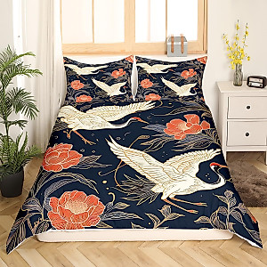 Erosebridal Floral Decor Duvet Cover Twin Navy Bird Flower Print Bedding Set Asian Style Decorative Duvet Cover Set Red-Crowned Crane Pattern Decor Comforter Bed Cover for Adult Women Teens Kids