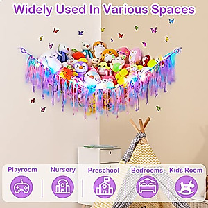 Beinou Stuffed Animals Net or Hammock with Butterfly Stuffed Animals Storage Holder with LED Light Toy Storage for Stuffed Animals for Girls Bedroom Decor