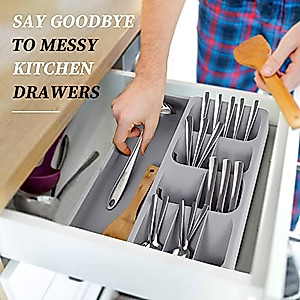 Silverware Organizer Storage Tray,Cutlery Expandable Organizer for Kitchen Drawer Holding Flatware Spoons Forks In-Drawer Knife Block,Kitchen Knife Drawer Organizer