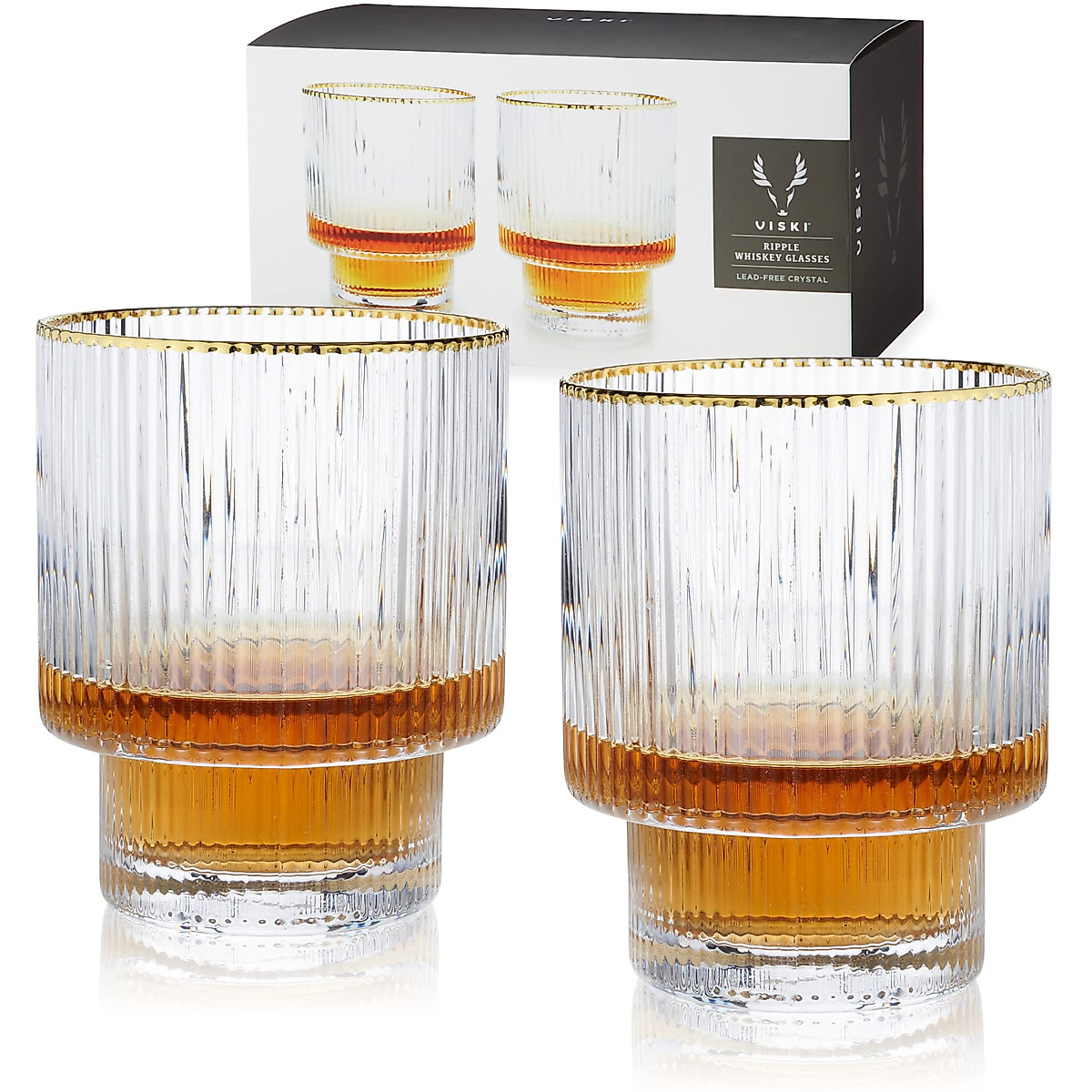 TRUE Viski Meridian Lowball Glasses Set of 2 - Premium Crystal Clear Vintage Drinking Tumblers for Whiskey, Scotch & Bourbon in Art Deco Ripple Glassware Design, Gold Rimmed Gift Set, 12 oz.