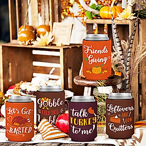 12PCS Friendsgiving Party Decorations Can Cooler Thanksgiving Fall Party Favor Potluck Dinner Friends Gathering Neoprene Can Sleeve for Soda Beverage Thankful Feast Party Supplies