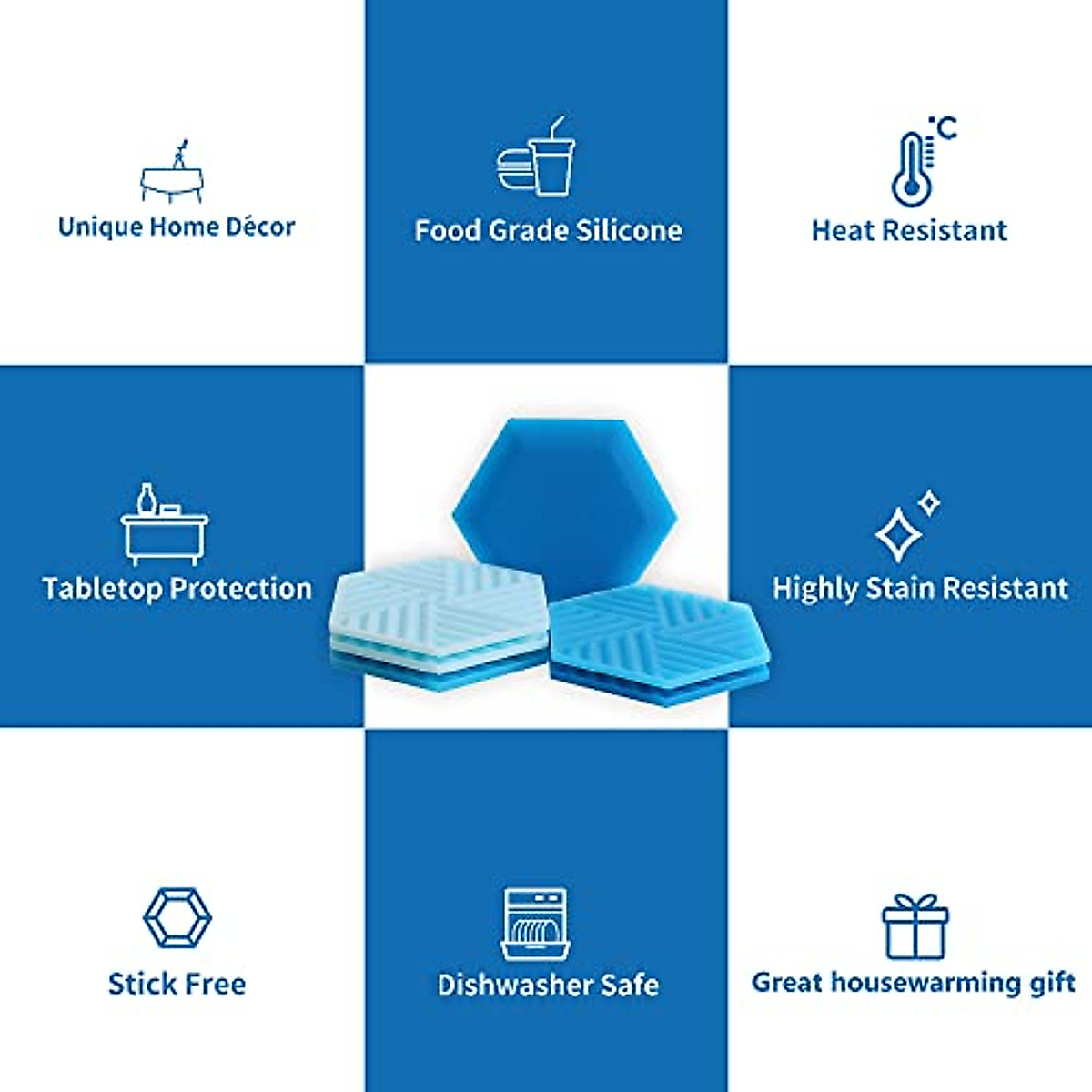 Dirani Design Colorée Coasters(Ocean Blue) for Drinks, Coffee Table Cute Silicone Non Absorbent Outdoor Modern Hexagon Cup Cool Farmhouse, Dishwasher Safe, House Warming Gifts New Home