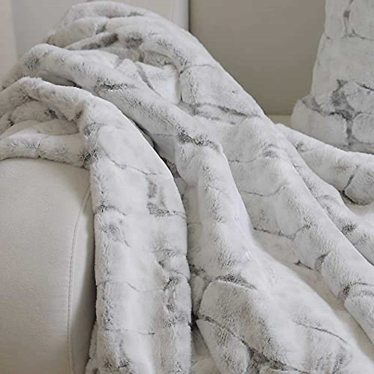 Snuggle Sac Plush Faux Fur Throw Blanket, Warm and Cream Fuzzy Blanket with Marble Pattern Print, Decorative Blanket for Couch Sofa Chair Bed Living Room, 50" X 60", Gray Beige