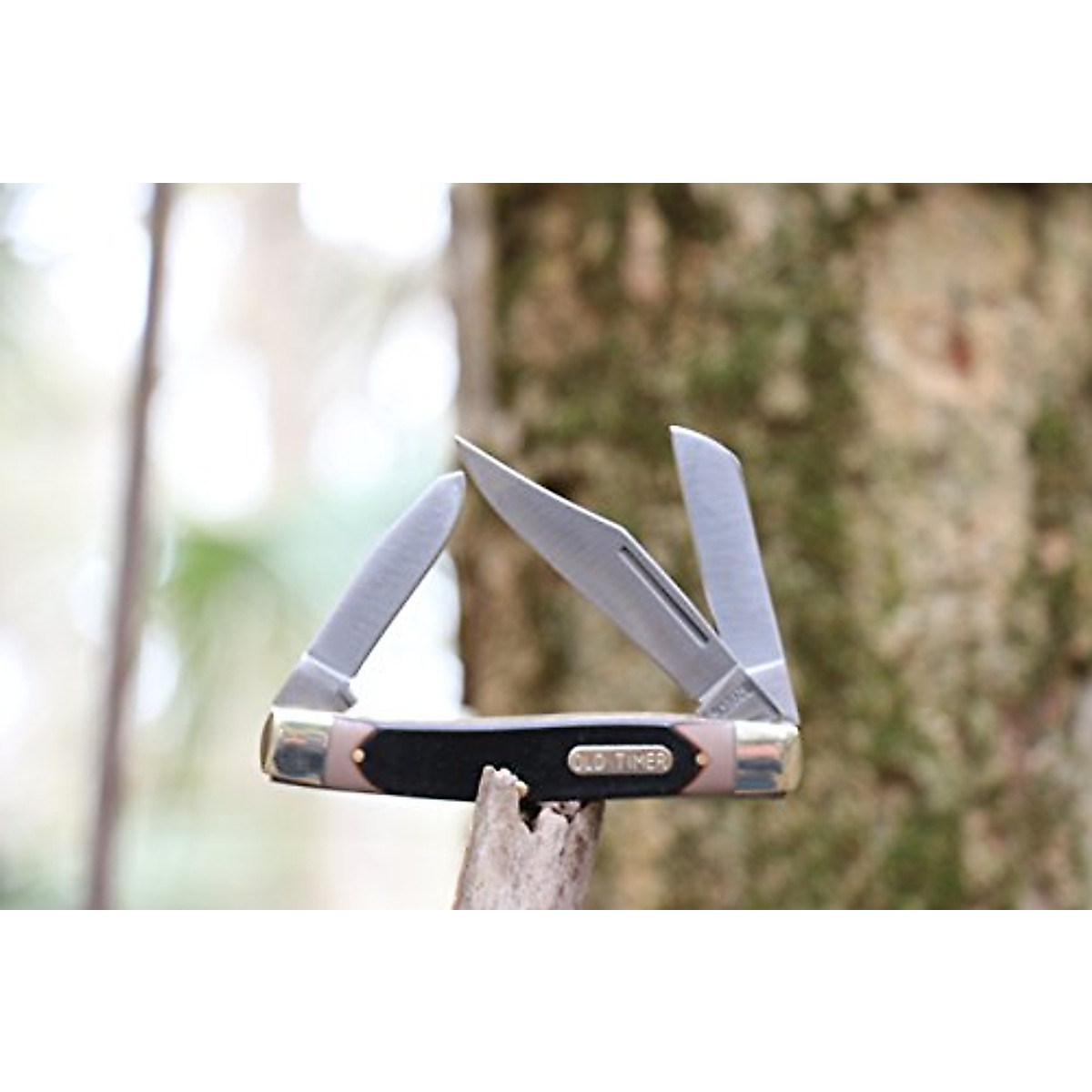 Old Timer 8OT Senior 6.9in S.S. Traditional Folding Knife with 3in Clip Point, Sheepsfoot, Spey Blade and Sawcut Handle for Outdoor, Hunting, Camping and EDC