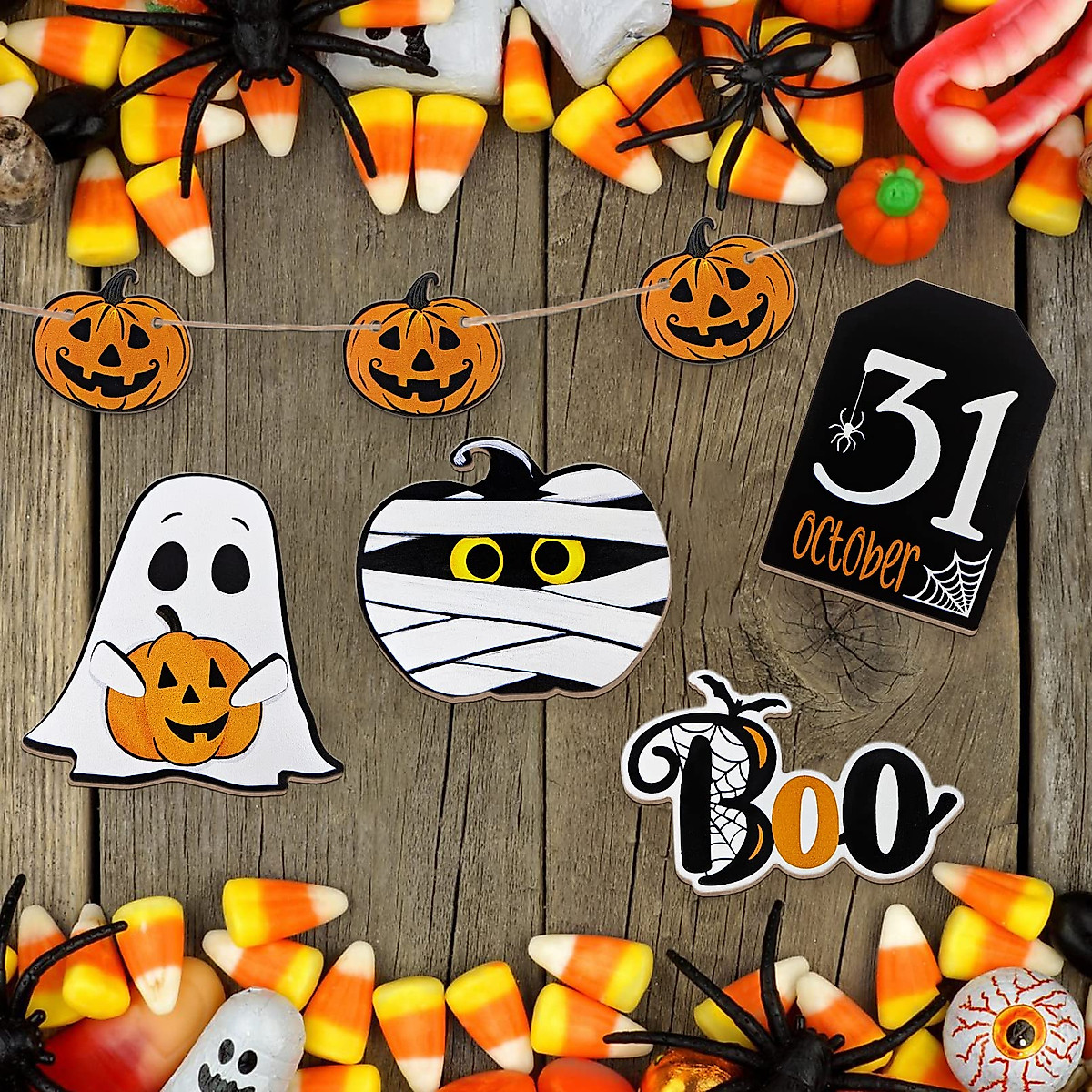 Guoofu Halloween Tiered Tray Decor, Farmhouse Tray Decorations, Funny Boo Ghost Mummy Pumpkin Wooden Signs, Halloween Scary Home Decor for Tabletop Shelf Mantel Party