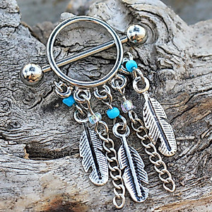 Covet Jewelry 316L Surgical Steel Turquoise Beads Feather Dangle Nipple Shield