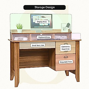 Computer Desk with Storage, Home Office Desk Vintage Desk with 4 Drawers & Hutch, Home Desk Computer Table Desk with Drawers for Bedroom, Farmhouse Desk, Rustic Oak