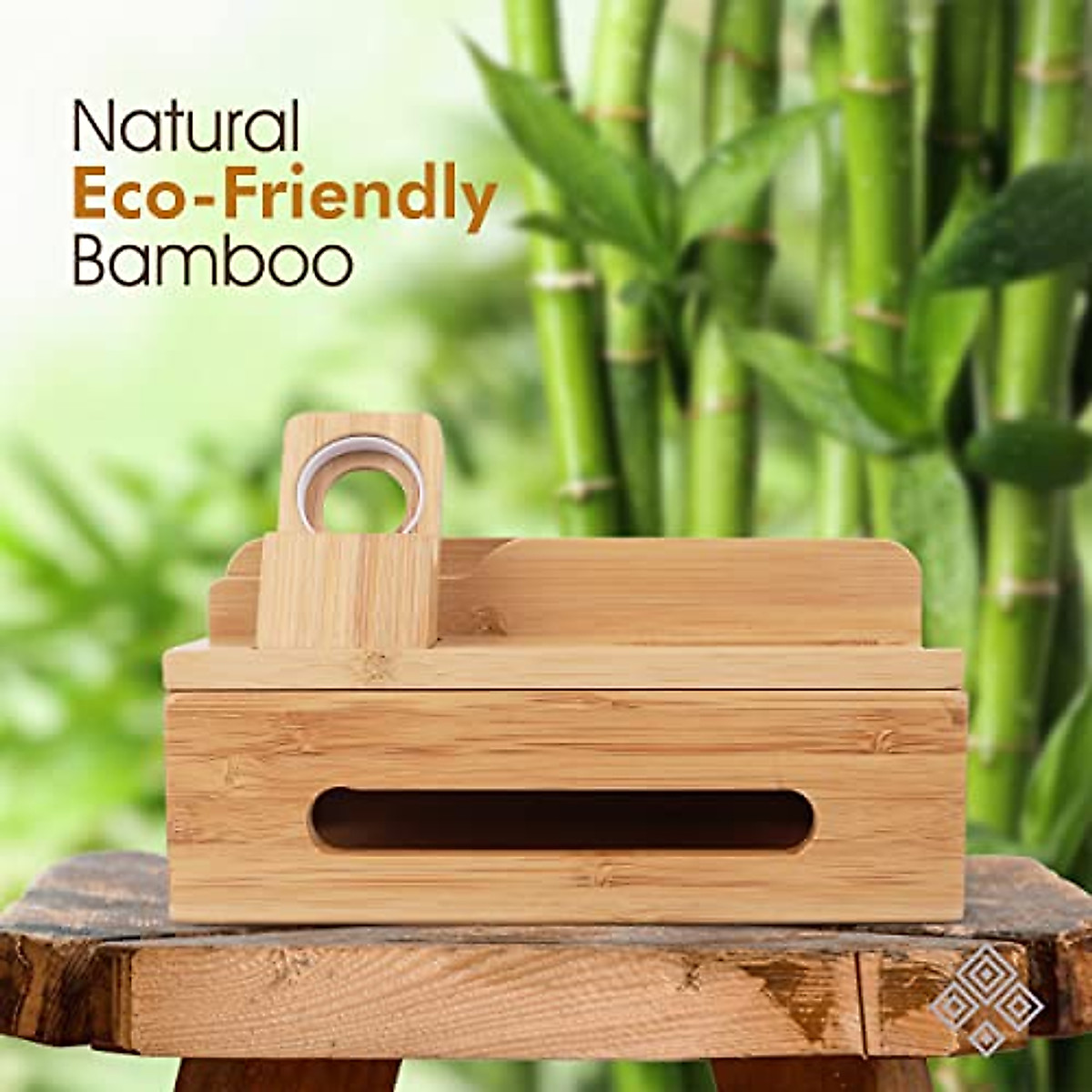 komonotown Natural Bamboo Charging Station for Multiple Devices, Docking Station Organizer for iPhone, Smart Watch, Tablet, Airpod - for Bedside, Desk (No USB Hub)