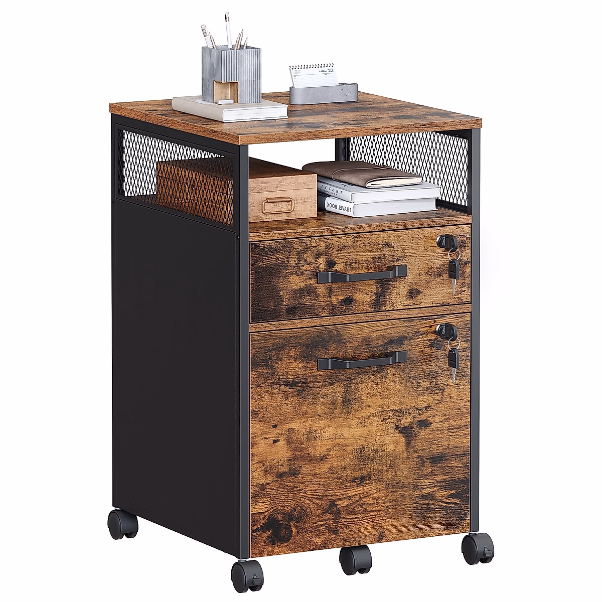 VASAGLE File Cabinet with Lock, Filing Cabinet with 2 Storage Drawers, for Hanging File Folders, Open Shelf, Home Office, Steel Frame, Industrial, Rustic Brown and Black UOFC077B01