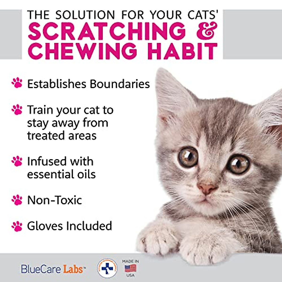 Cat and Kitten Scratch Spray Deterrent - Pet Repellent Spray for Cats & Kittens - Non-Toxic Indoor Anti Cat Scratching Formula - BLUECARE LABS