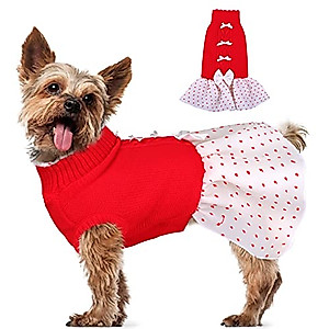 SAWMONG Dog Sweater Dress, Turtleneck Dog Sweater with Cute Bowknot, Doggie Knitwear Pullover with Leash Hole, Puppy Princess Dress Winter Clothes for Female Girl Doggy and Cats, Large