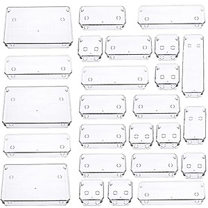 Cq acrylic 25 PCS Clear Plastic Drawer Organizers Set,4 Sizes Desk Drawer Dividers Trays Dresser Storage Bins Separation Box for Makeup, Jewelries and Gadgets,Bedroom,Bathroom,Office