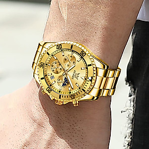 OLEVS Mens Watches Gold Chronograph Luxury Dress Moon Phase Quartz Stainless Steel Waterproof Luminous Business Calendar Wrist Watch