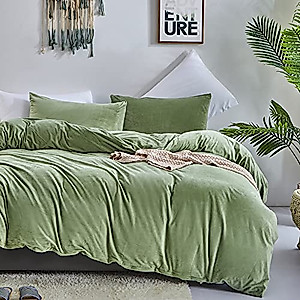 Luxlovery Sage Green Flannel Duvet Cover Set Queen Velvet Fluffy Bedding Cover Sets Light Green Soft Warm Comfy 3 Piece Bedding Cover Set with 2 Pillowcases