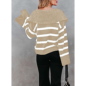 SHEWIN Fall Sweaters for Women Fashion V Neck Long Sleeve Winter Striped Sweater Casual Comfy Lapel Collar Knitted Tops Khaki X-Large