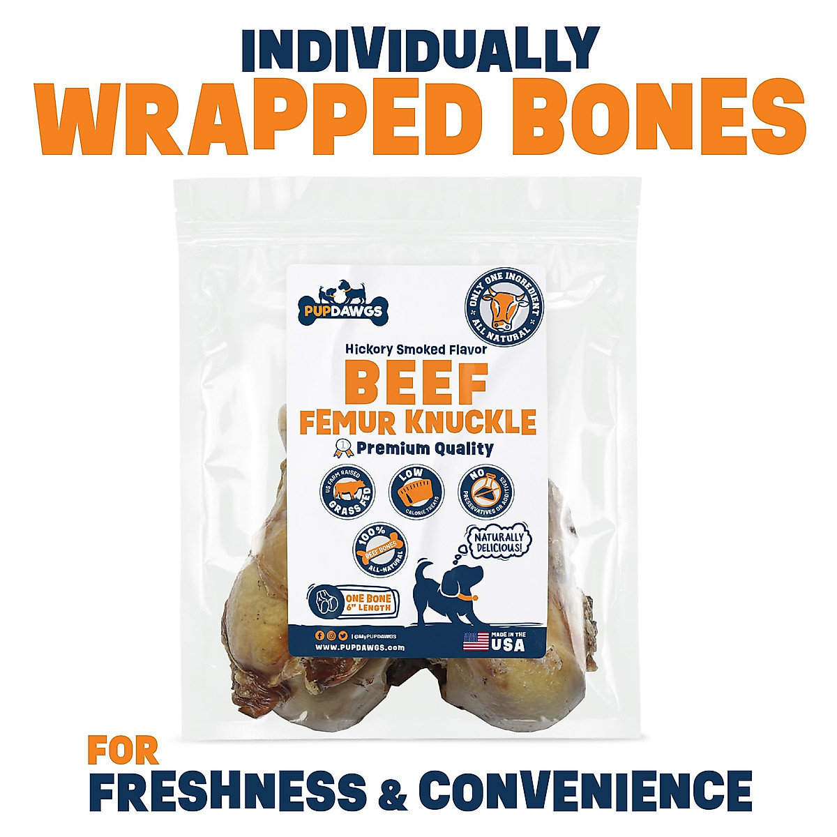 PUPDAWGS Dog-Bones-for-Aggressive-Chewers | 6" Hickory Smoked Flavor Femur Knuckle | Dog-Bones-for-Large-Dog | All Natural Dog Bone Treats Made in The USA (Single Bone)