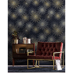NextWall Starburst Geo Mid Century Peel and Stick Wallpaper (Midnight Blue & Metallic Gold)