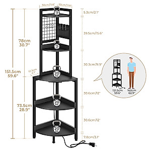 Dripex 60 inch Tall Corner Shelf with Power Outlets & Strip Lights, 5 Tier Corner Bookshelf Freestanding Industrial Corner Ladder Shelves Plant Stand