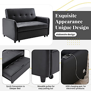 P PURLOVE Modern PU Sleeper Sofa Bed, Pull Out Sleeper Sofa Bed with Pulley, Oversized Armchair with Adjustable backrest, Convertible Sleeper Sofa Bed with Dual USB Ports, Black