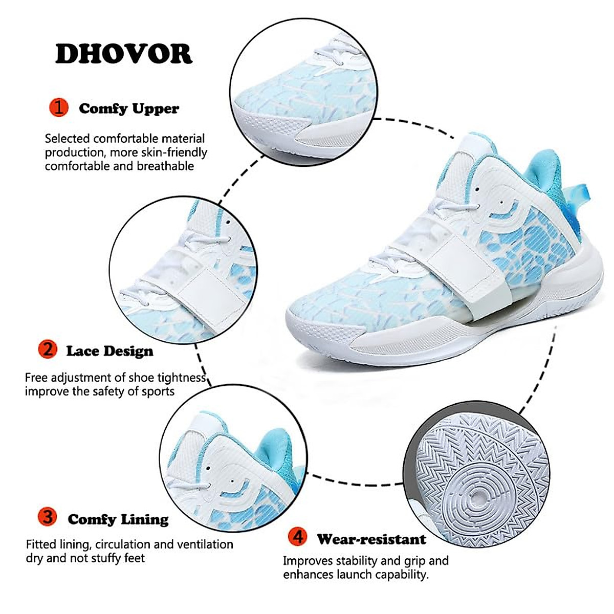 DHOVOR Womens Basketball Shoes Teenager Fashion Basketball Sneakers Anti-Slip Girls Basketball Shoes Indoor and Outdoor White