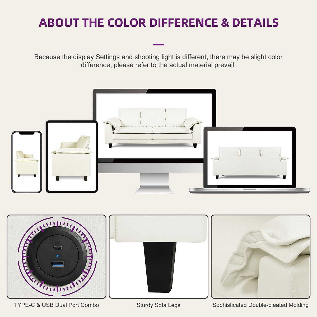 TYBOATLE Sofa Couches for Living Room, Mid-Century Modern Comfy 85" W Loveseat w/ 2 USB Charger & Wide Arms, 3 Seater Cloud Small Couch Sofas for Small Space Apartment Bedroom Office (Chenille Beige)