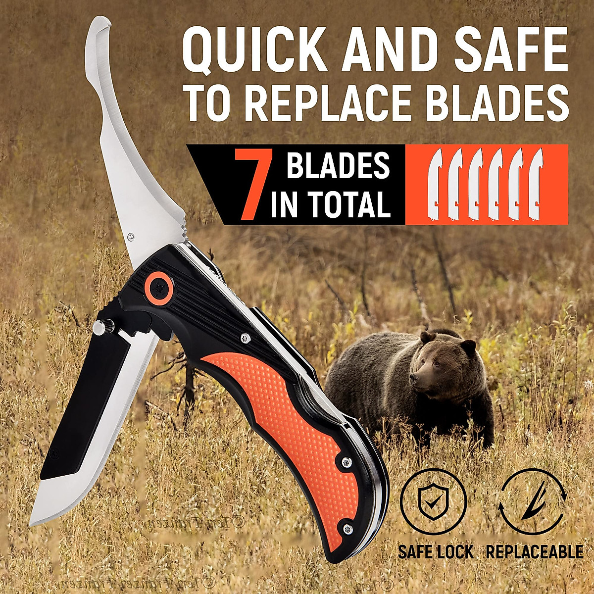 Lancergear Hunting Knife, Skinning Knife, Outdoor Pocket knives with Replaceable 3.5'' Blades, Deer knife, Folding Double-Blade Knife