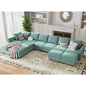 HONBAY Modular Sofa Couch with Storage Seats U Shaped Modular Sectional Sofa with Reversible Chiase Oversized Modular Sofa Sleeper Set with Ottomans, Aqua Blue