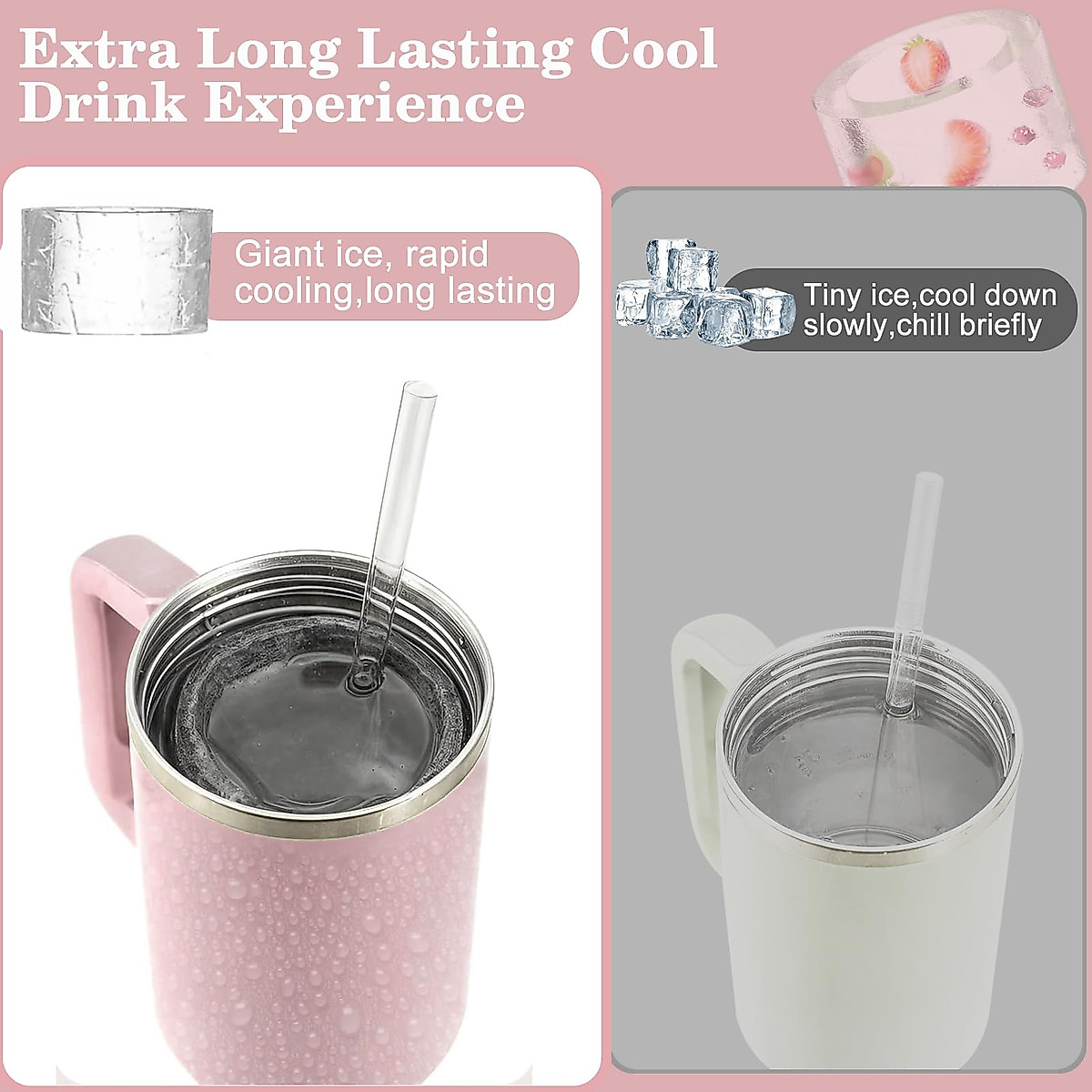 Sayrrame Ice Cube Tray for Stanley Cup, Silicone Ice Mold with Lid for 40oz 30oz 20oz 14oz Tumbler, 4 Pcs Hollow Cylinder Ice Maker for Chilling Cocktails, Whiskey, Drinks Coffee (Pink)